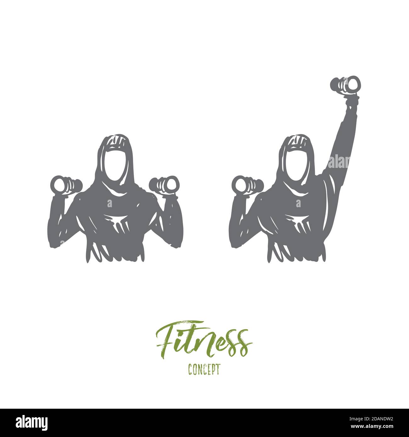 Fitness, training, sport, hijab, women concept. Hand drawn isolated ...