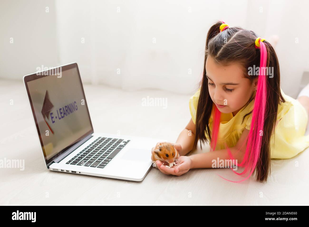 Educate at home. Child girl make homework with pet hamster. Funny ...