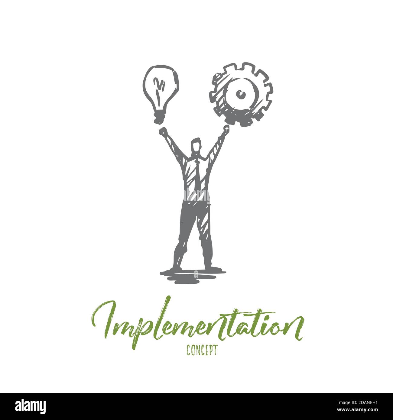 Implementation, man, idea, business, cogwheel concept. Hand drawn ...
