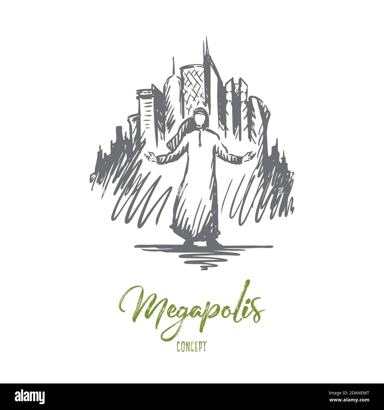 Megapolis, big city, businessman, islam, muslim concept. Hand drawn ...