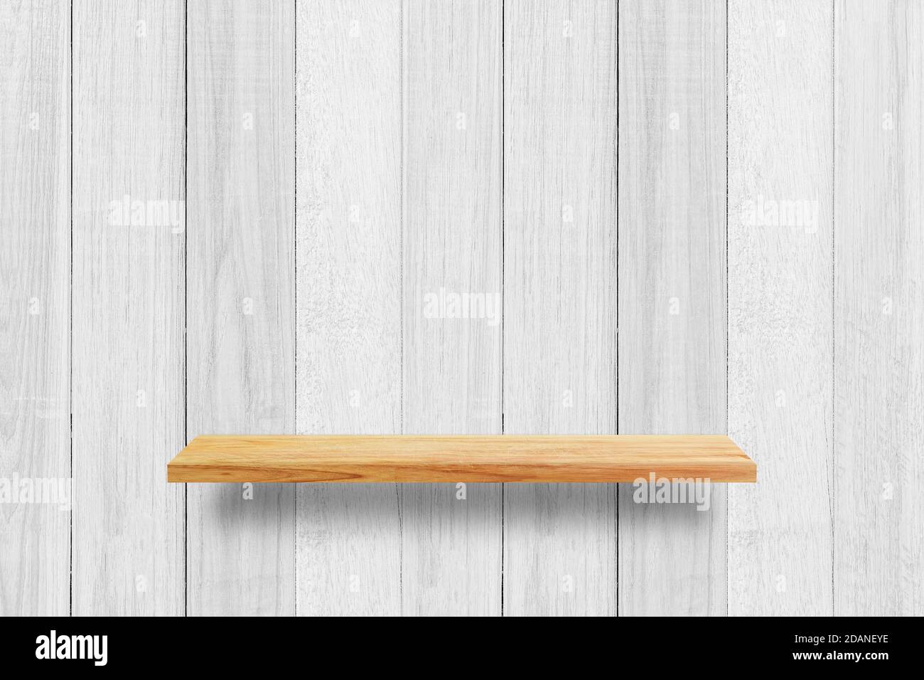 Empty wood shelf on white wooden wall texture background Stock Photo ...