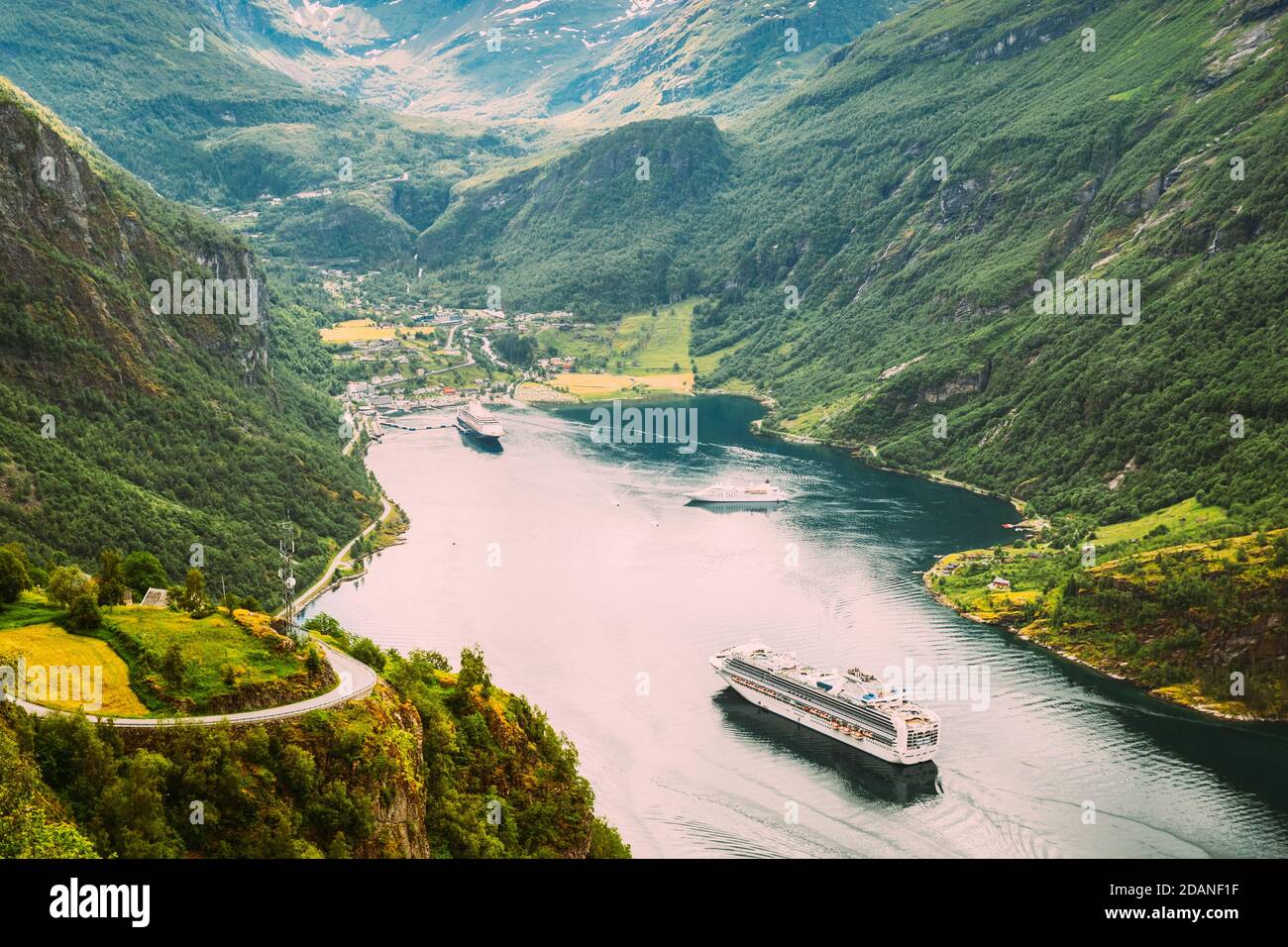 Geirangerfjord, Norway. Touristic Ship Ferry Boat Cruise Ship Liner ...