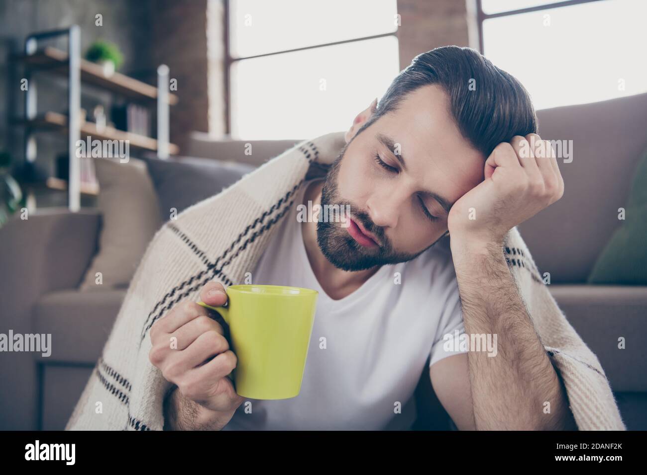 Close-up portrait of his he nice attractive tired exhausted overworked ...