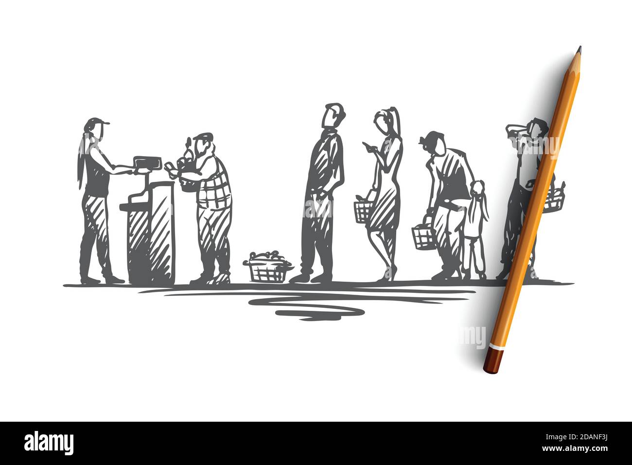Shopping, purchases, queue, waiting, cash desk concept. Hand drawn ...