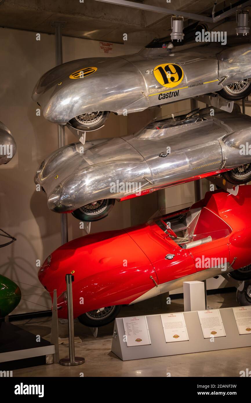 stacked up vintage Lotus racing race cars at the Barber Motorsport ...