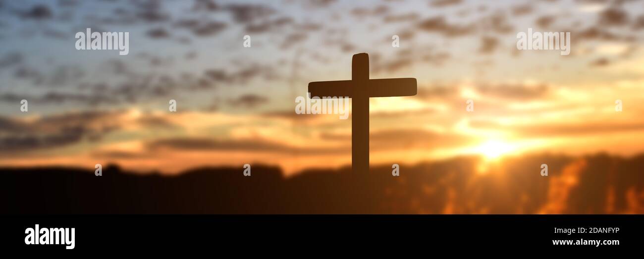 Silhouette of catholic cross at sunset background. panorama picture ...