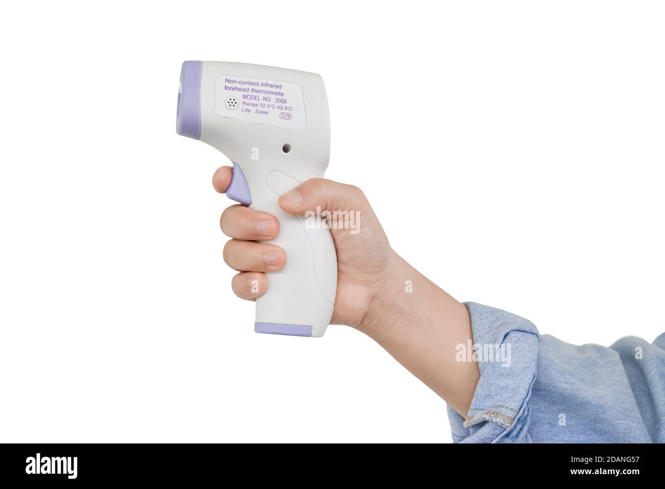 Hand holding digital infrared thermometer (thermometer gun) Isolated on ...