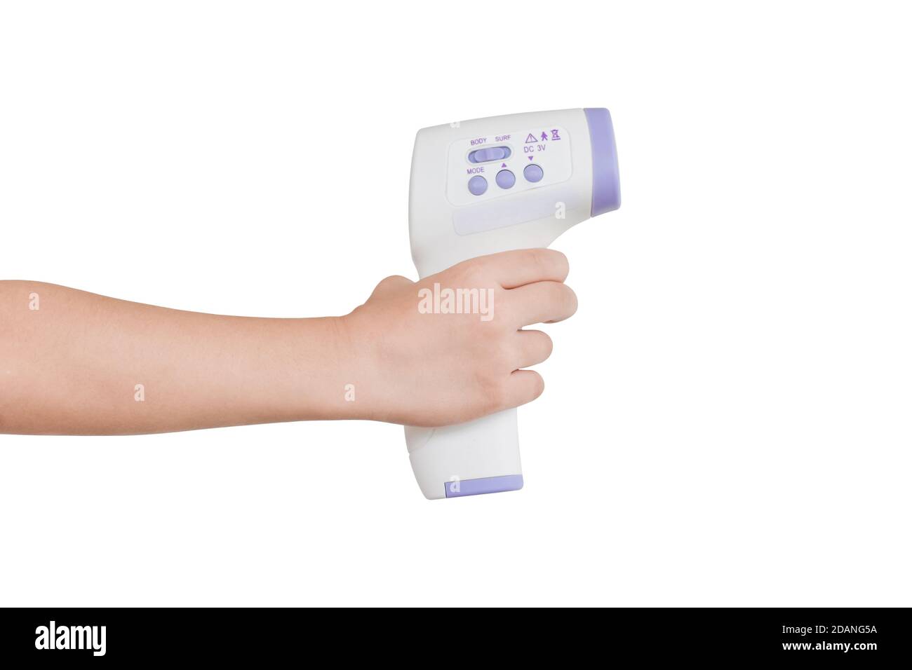 Hand holding digital infrared thermometer (thermometer gun) Isolated on ...