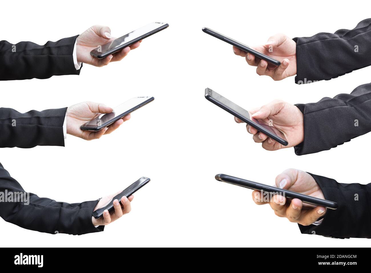 Collection of man hand using mobile smartphone isolated on white ...