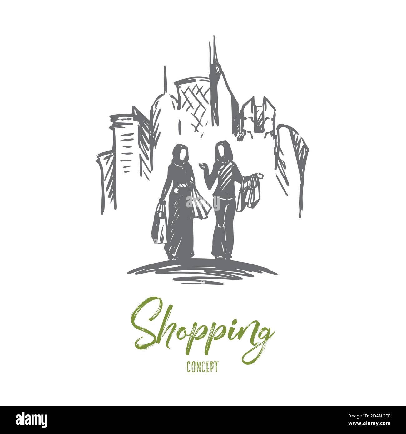 Shopping, city, muslim, arab, hijab concept. Hand drawn isolated vector ...