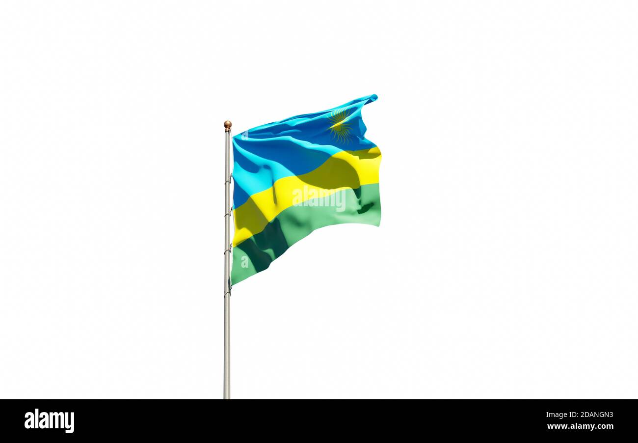 Beautiful national state flag of Rwanda fluttering at sky background ...