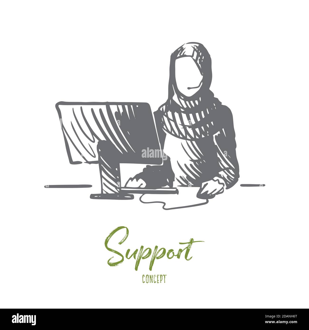 Support, service, communication, Islam, hijab concept. Hand drawn ...