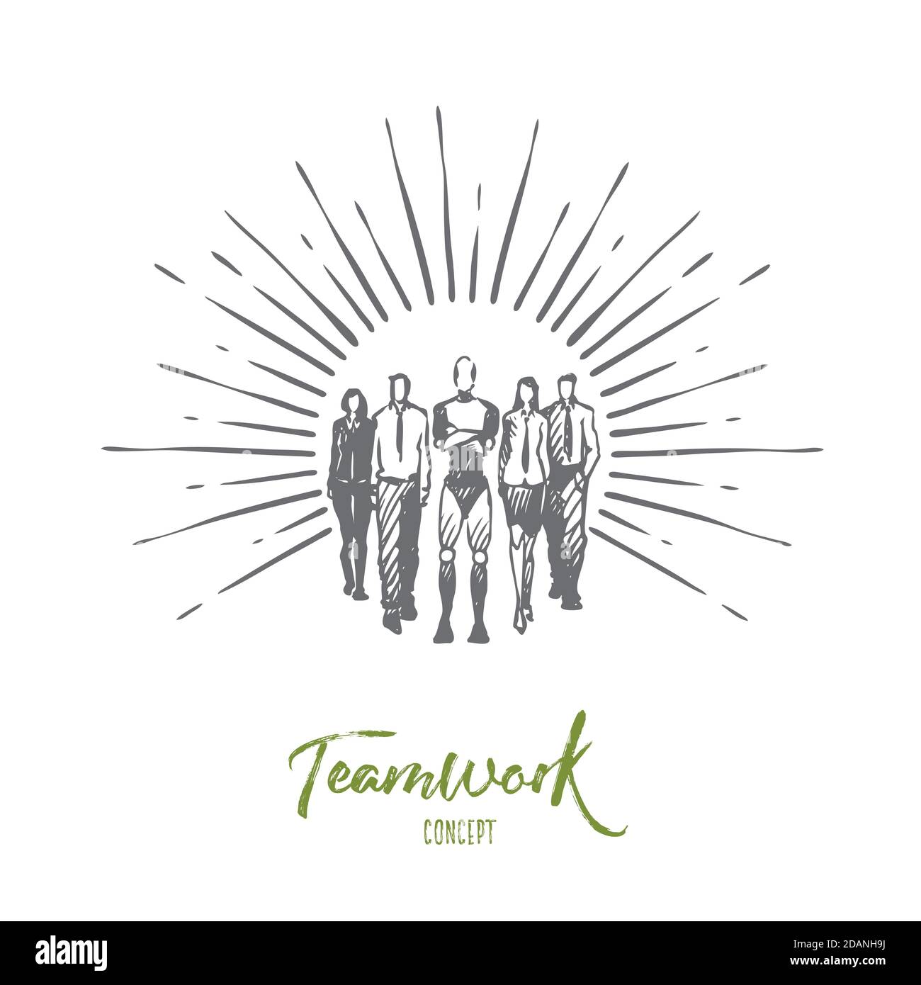 Teamwork, HCI, automation, technology, team concept. Hand drawn ...