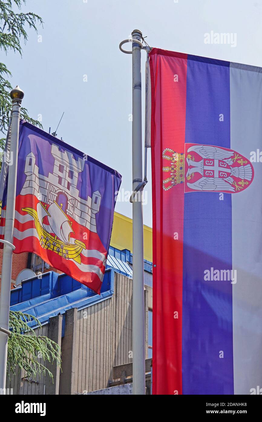 Belgrade capital city and Serbia flag together Stock Photo - Alamy