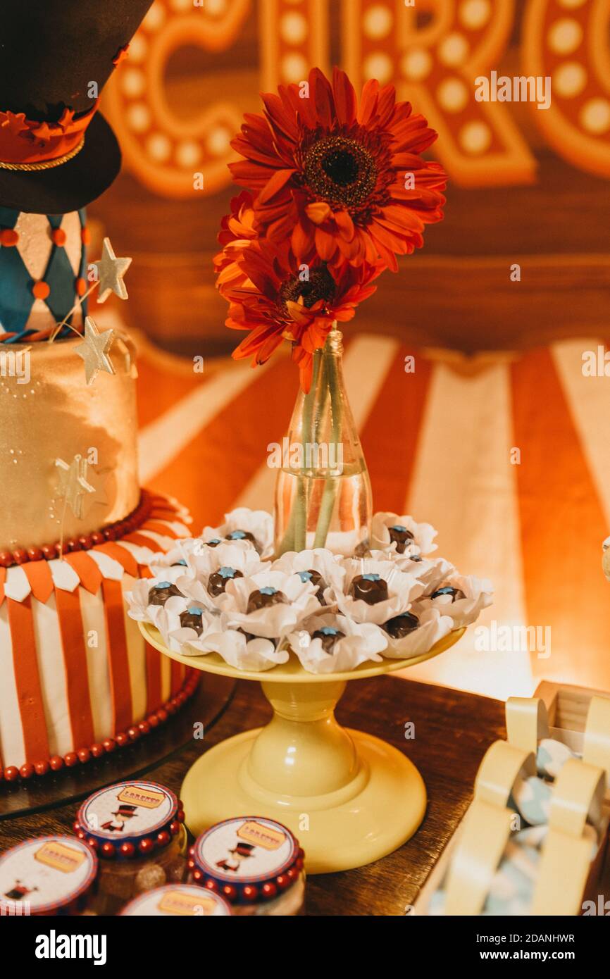 View of a circus-themed dessert table for a children's party Stock ...