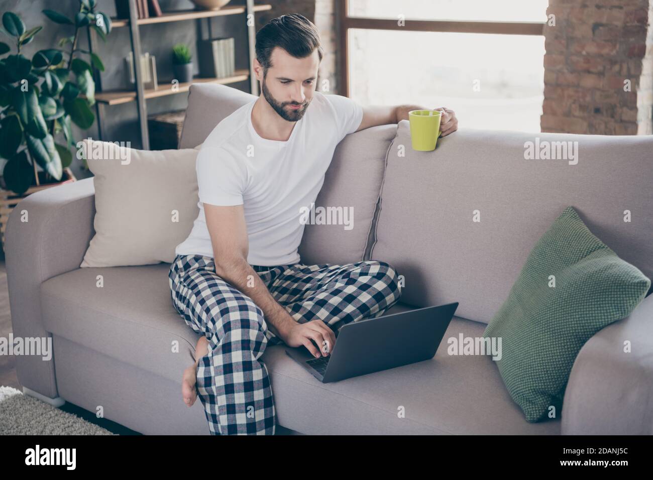 Portrait of his he nice attractive focused guy sitting on divan ...