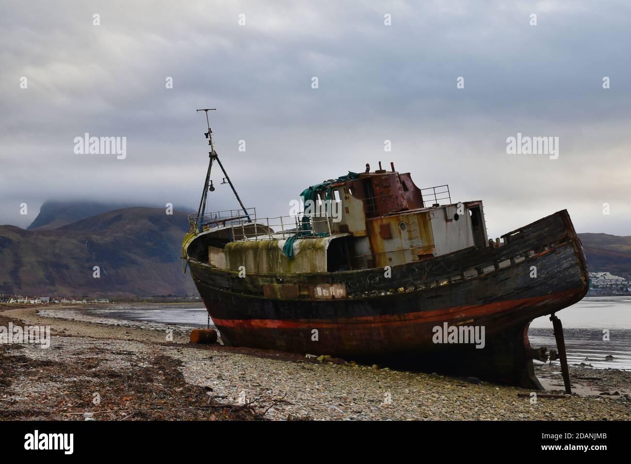 Corpach shipwreck, near Fort William, Scotland with Ben Nevis in ...