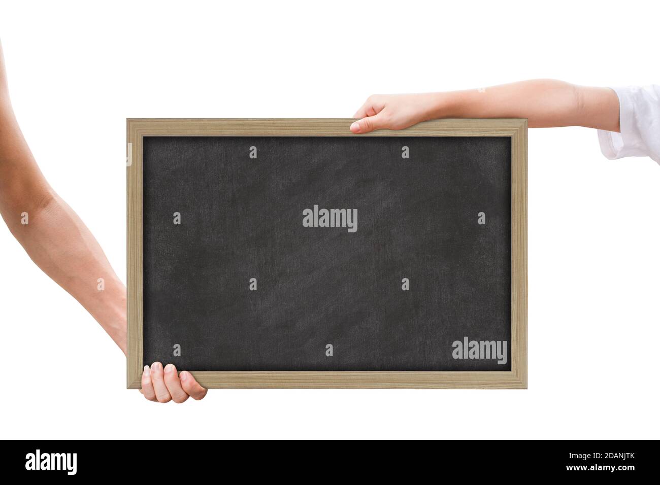 Two hand holding blackboard isolated on white background with clipping ...