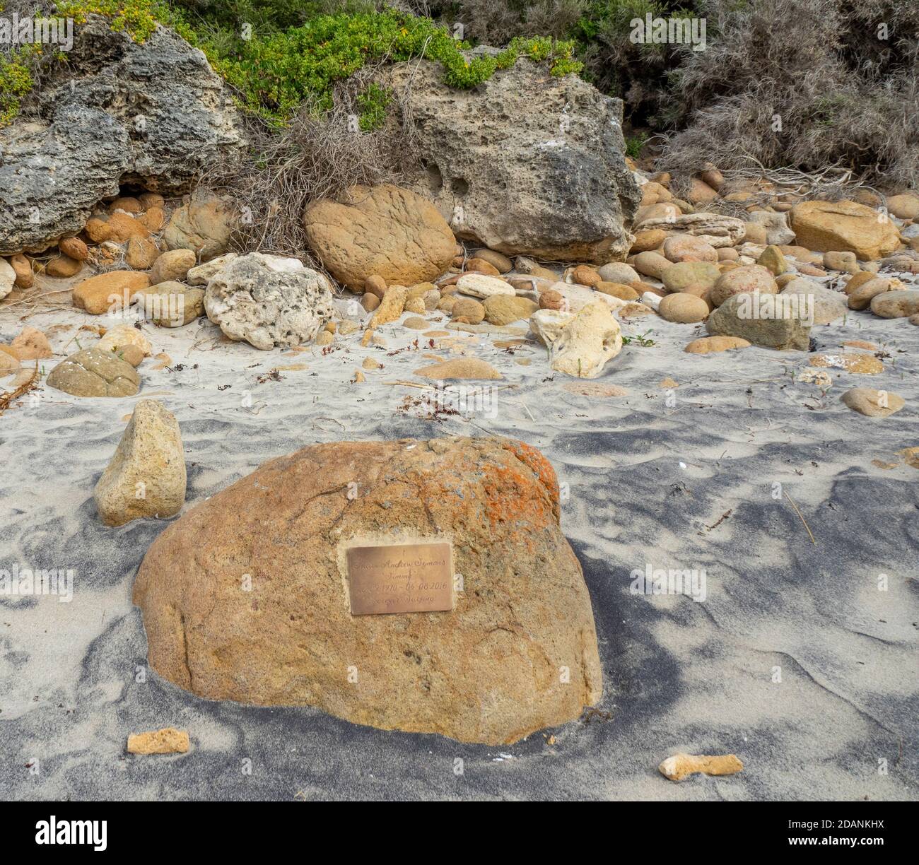 A plaque commemorating the death of surfer Mark Andrew Symons at ...