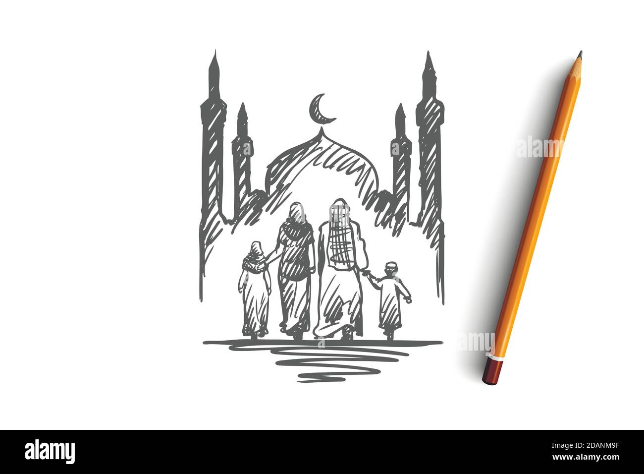 Religion, family, muslim, arabic, islam, mosque concept. Hand drawn ...