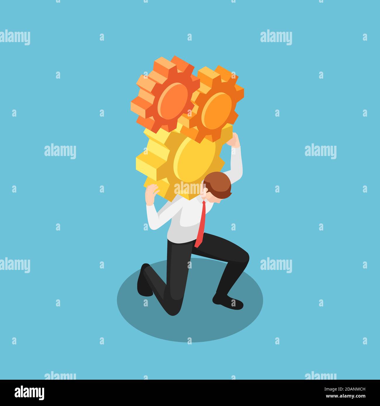Flat 3d Isometric Businessman Carrying Huge Gears. Business Process and ...
