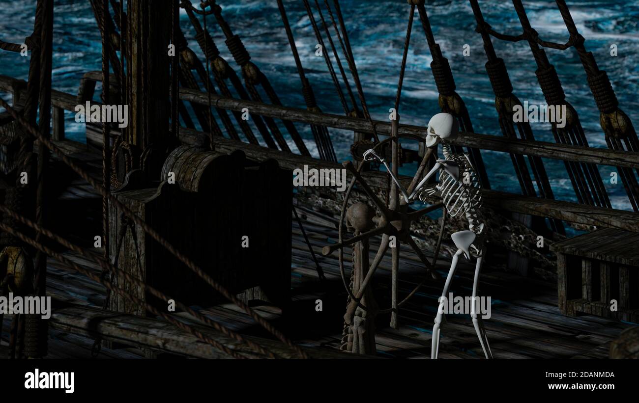 Captain skeleton holding the steering wheel of a ghost sailboat by ...