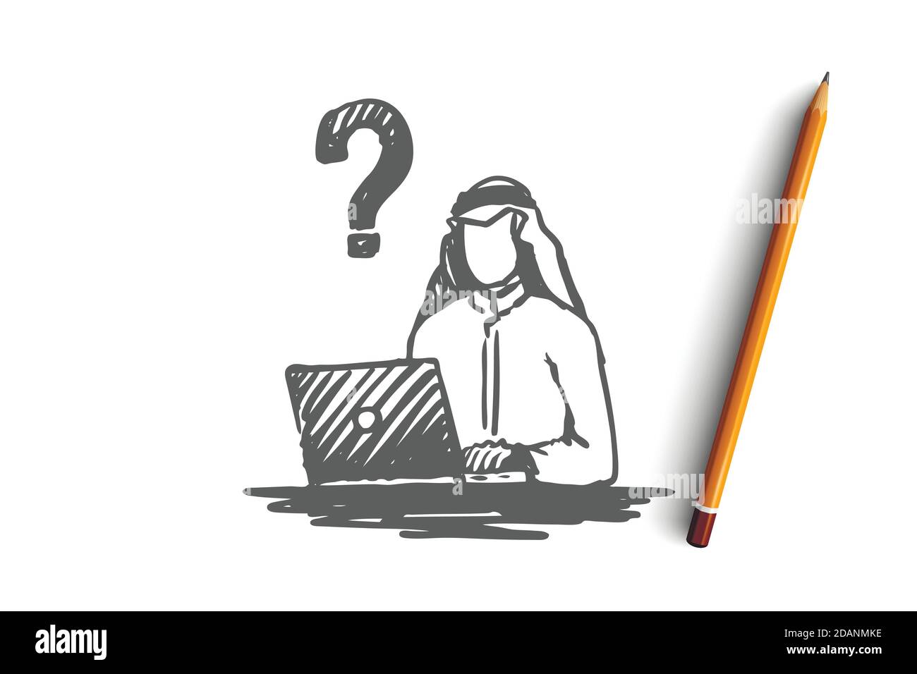 Businessman, question, muslim, arab, islam, problem concept. Hand drawn ...