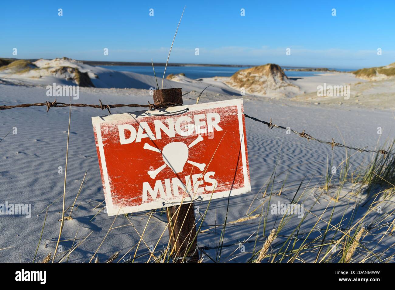 Minefield sign at Yorke Bay in Stanley Falkland Islands Stock Photo - Alamy
