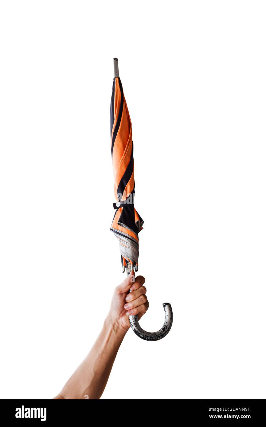 hand holding an umbrella isolated on white background. with clipping ...