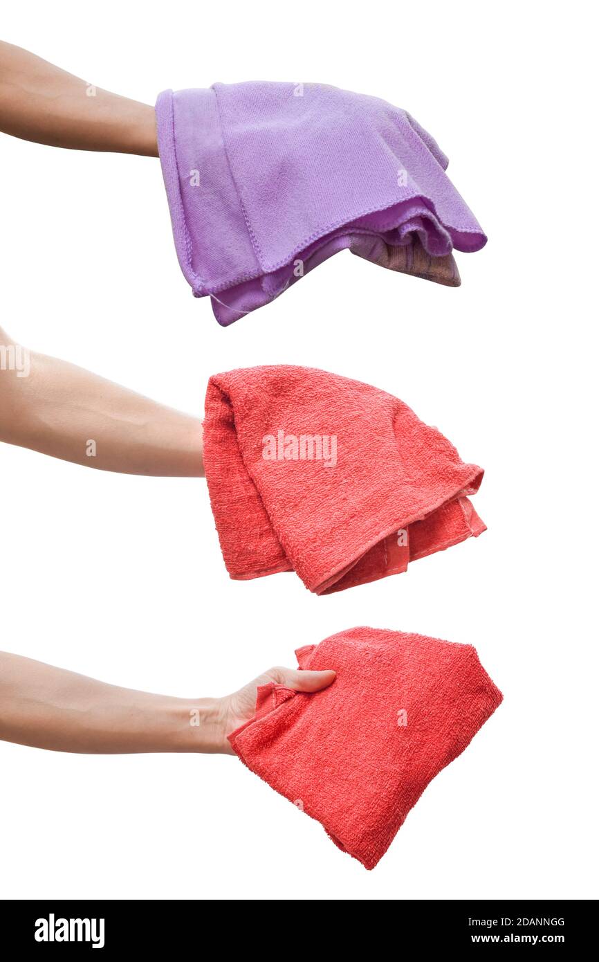 Collection of cloth in hand isolated on white background with clipping ...