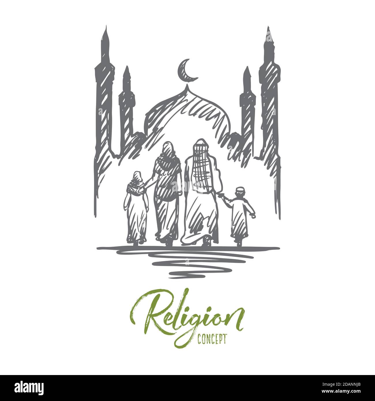 Religion, family, muslim, arabic, islam, mosque concept. Hand drawn ...