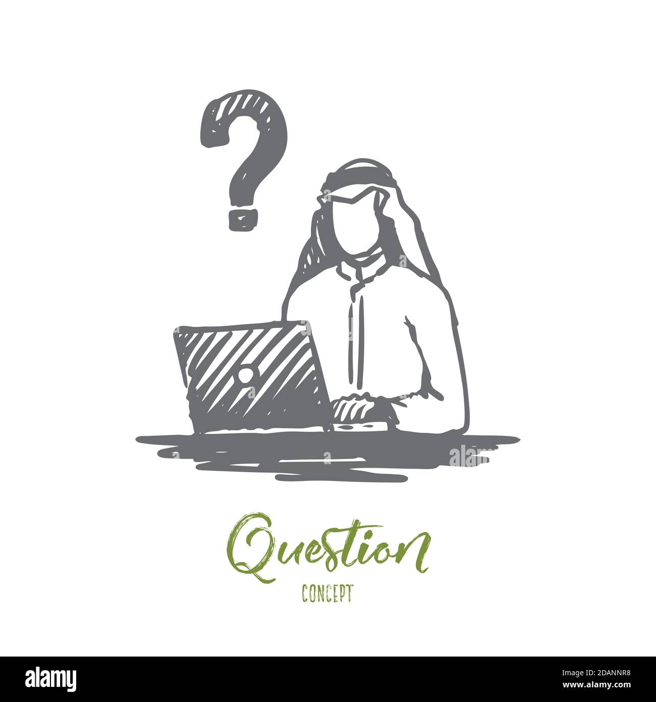 Businessman, question, muslim, arab, islam, problem concept. Hand drawn ...