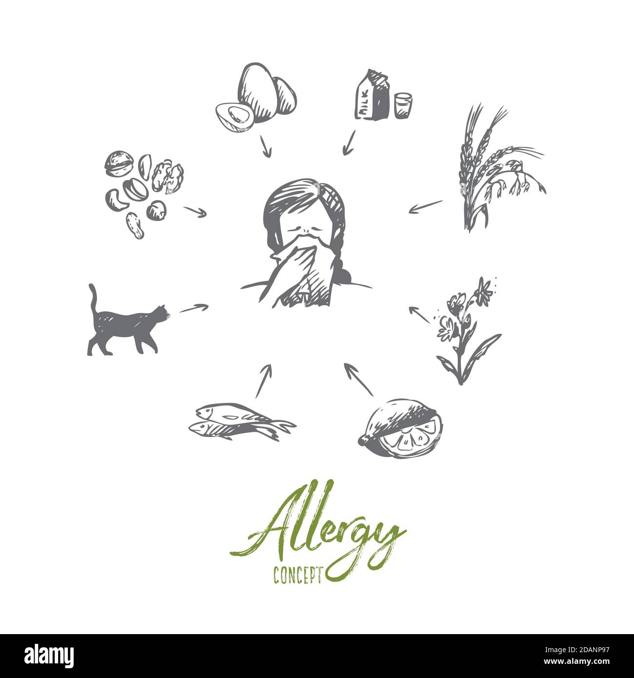 Allergy, sick, disease, sneeze concept. Hand drawn isolated vector ...