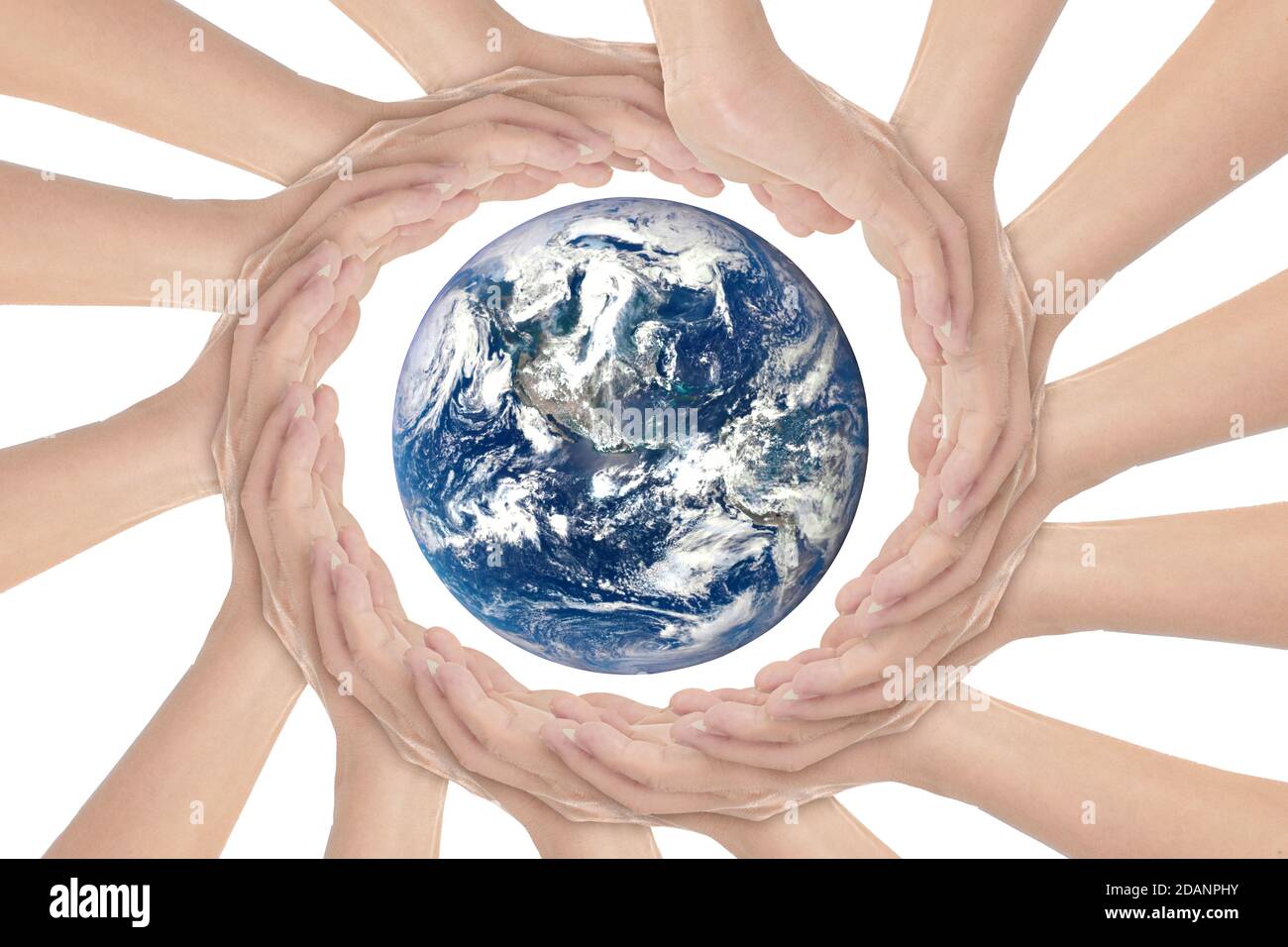 Hands surrounding around the Earth isolated on white. Element of the ...
