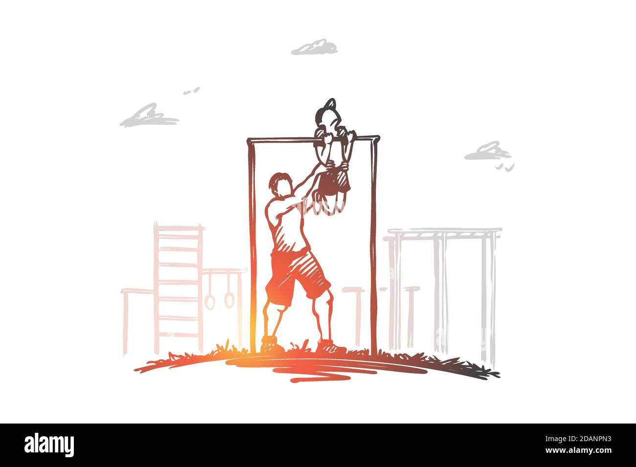 Father, son, family, exercise, sport concept. Hand drawn isolated ...