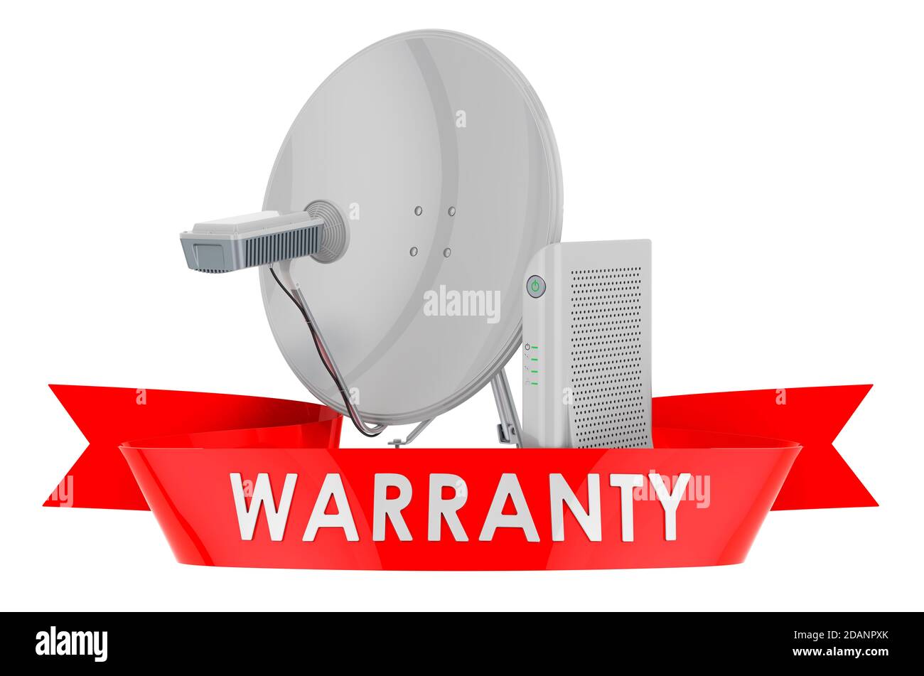 Communication satellite dish with satellite modem warranty concept. 3D ...