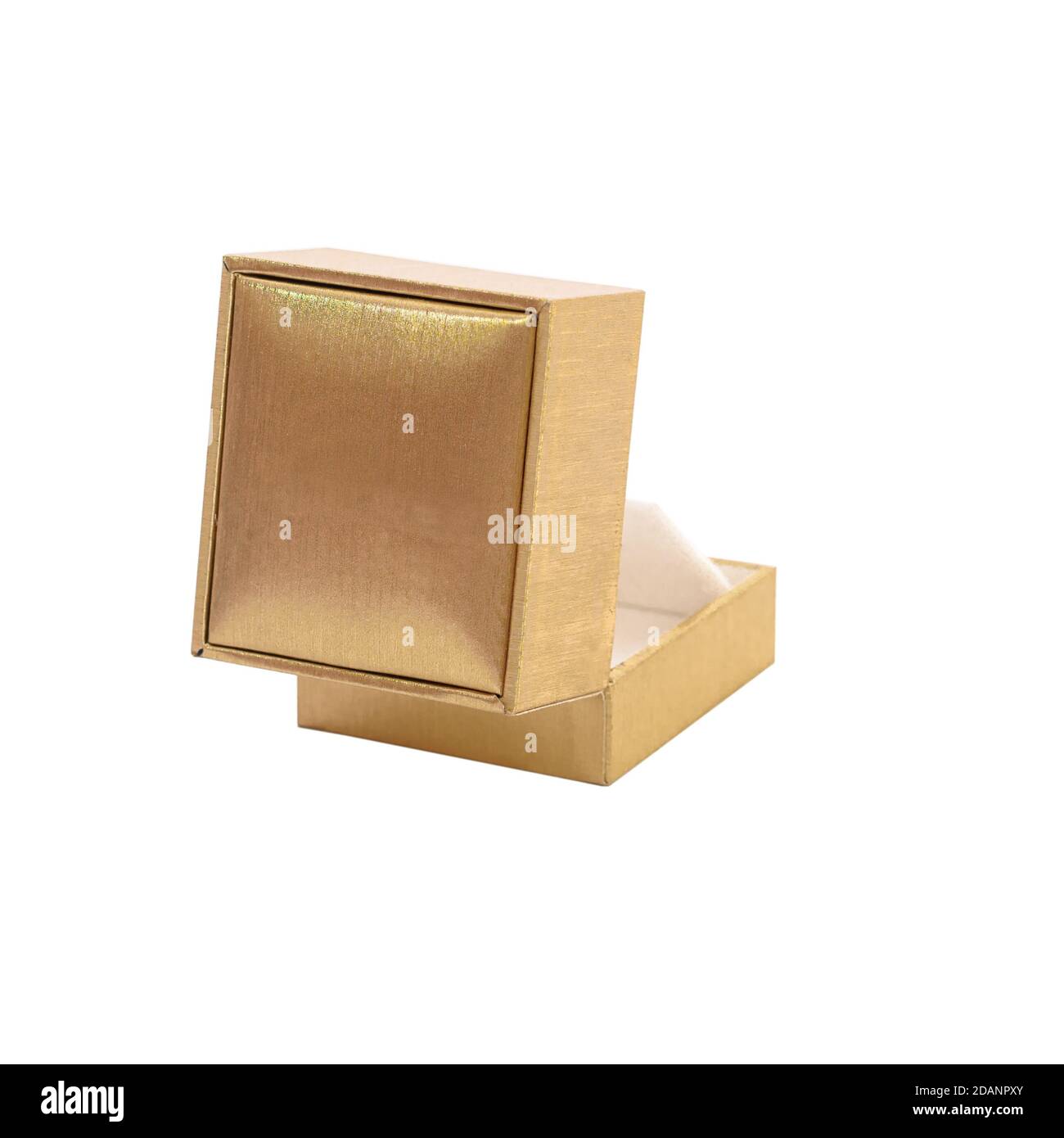 Open gold gift box isolated on white. Back view. Surprise concept Stock ...