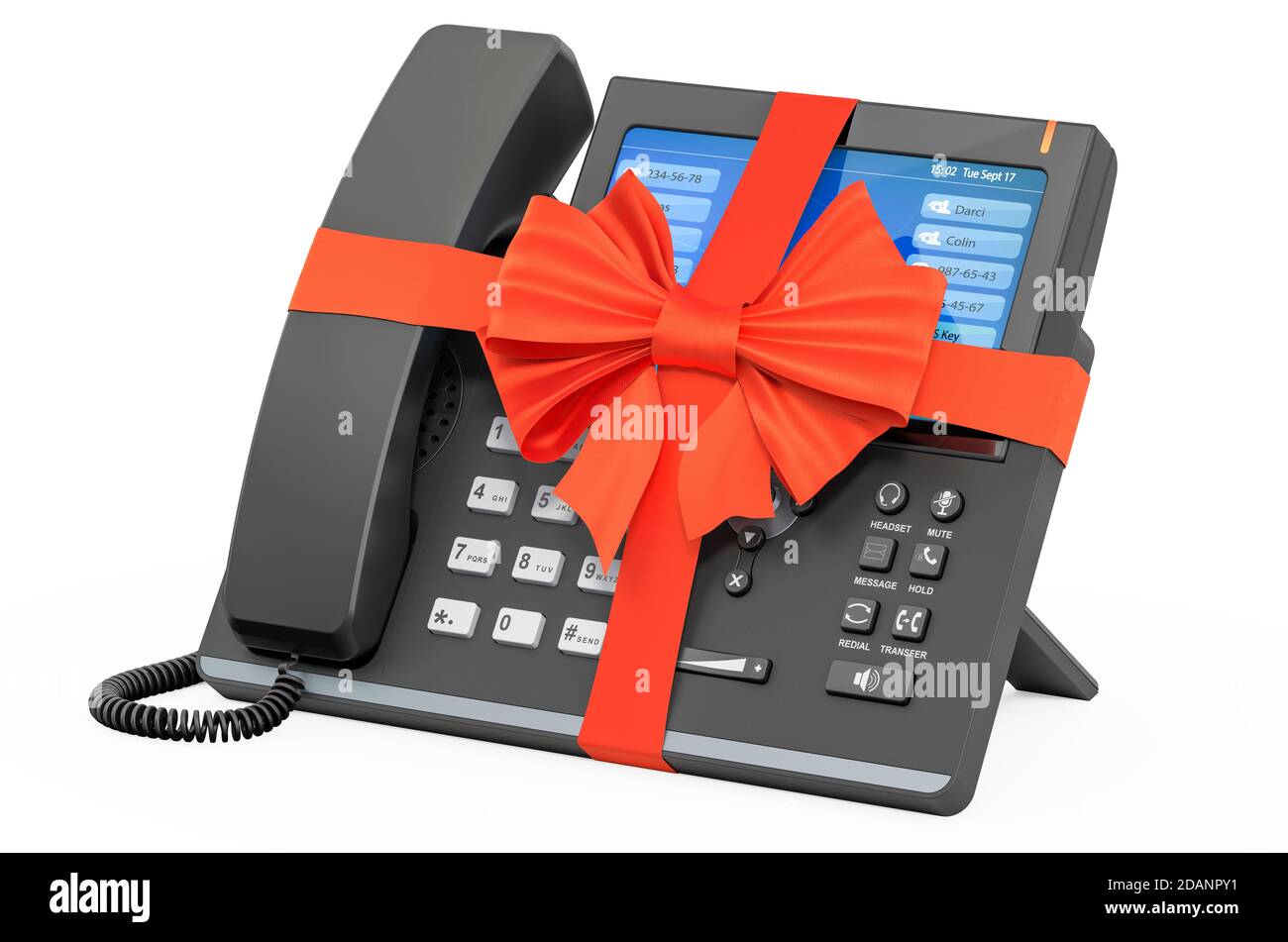 IP phone with ribbon and bow, gift concept. 3D rendering isolated on ...