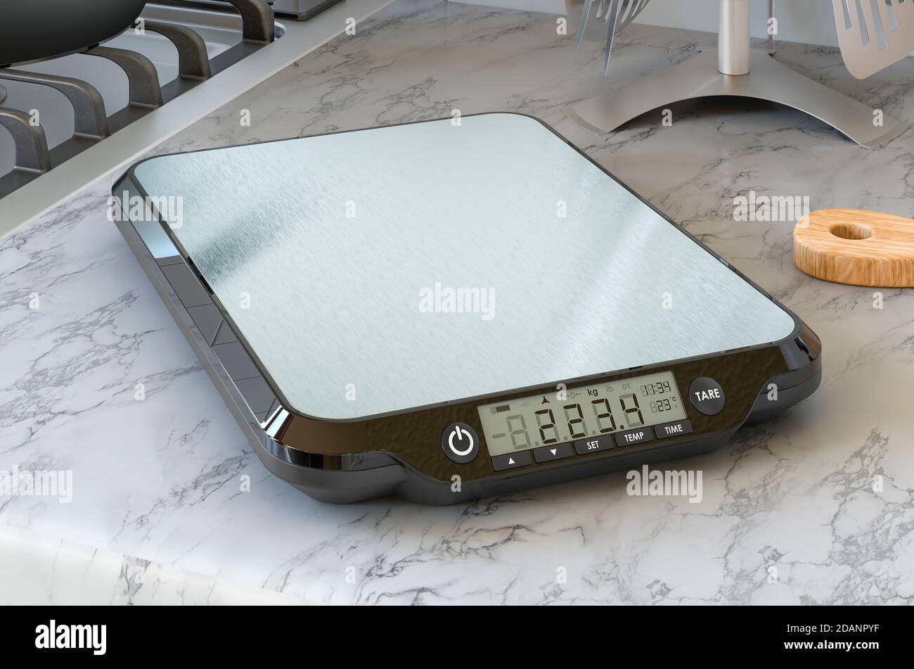 Digital kitchen scales on the kitchen table. 3D rendering Stock Photo ...