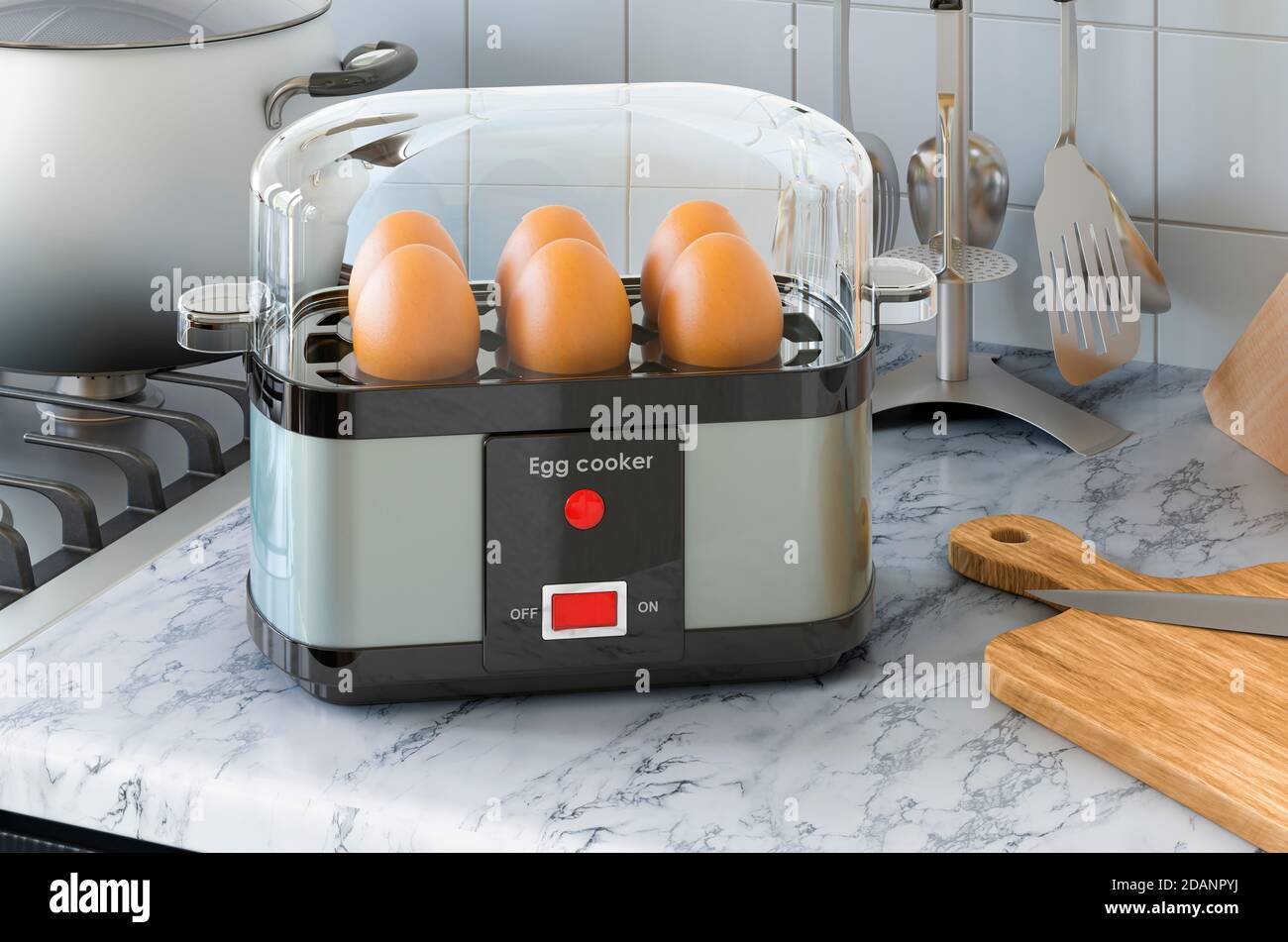 Egg cooker on the kitchen table. 3D rendering Stock Photo - Alamy