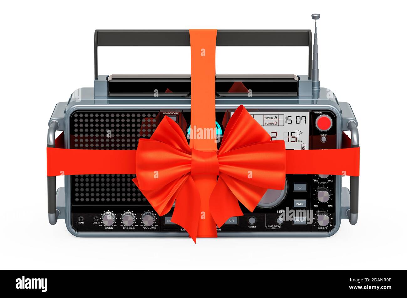 Digital receiver, radio with ribbon and bow, gift concept. 3D rendering ...
