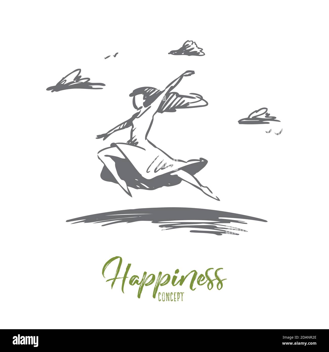 Freedom, happiness, woman, fly, love concept. Hand drawn isolated ...