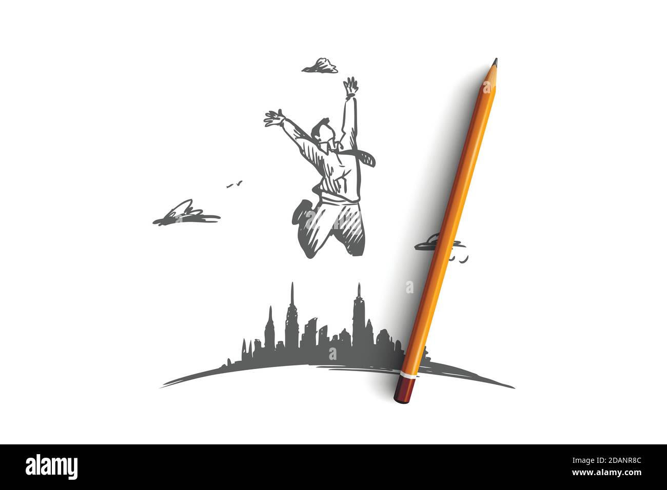 Freedom, businessman, work, happy, free concept. Hand drawn isolated ...