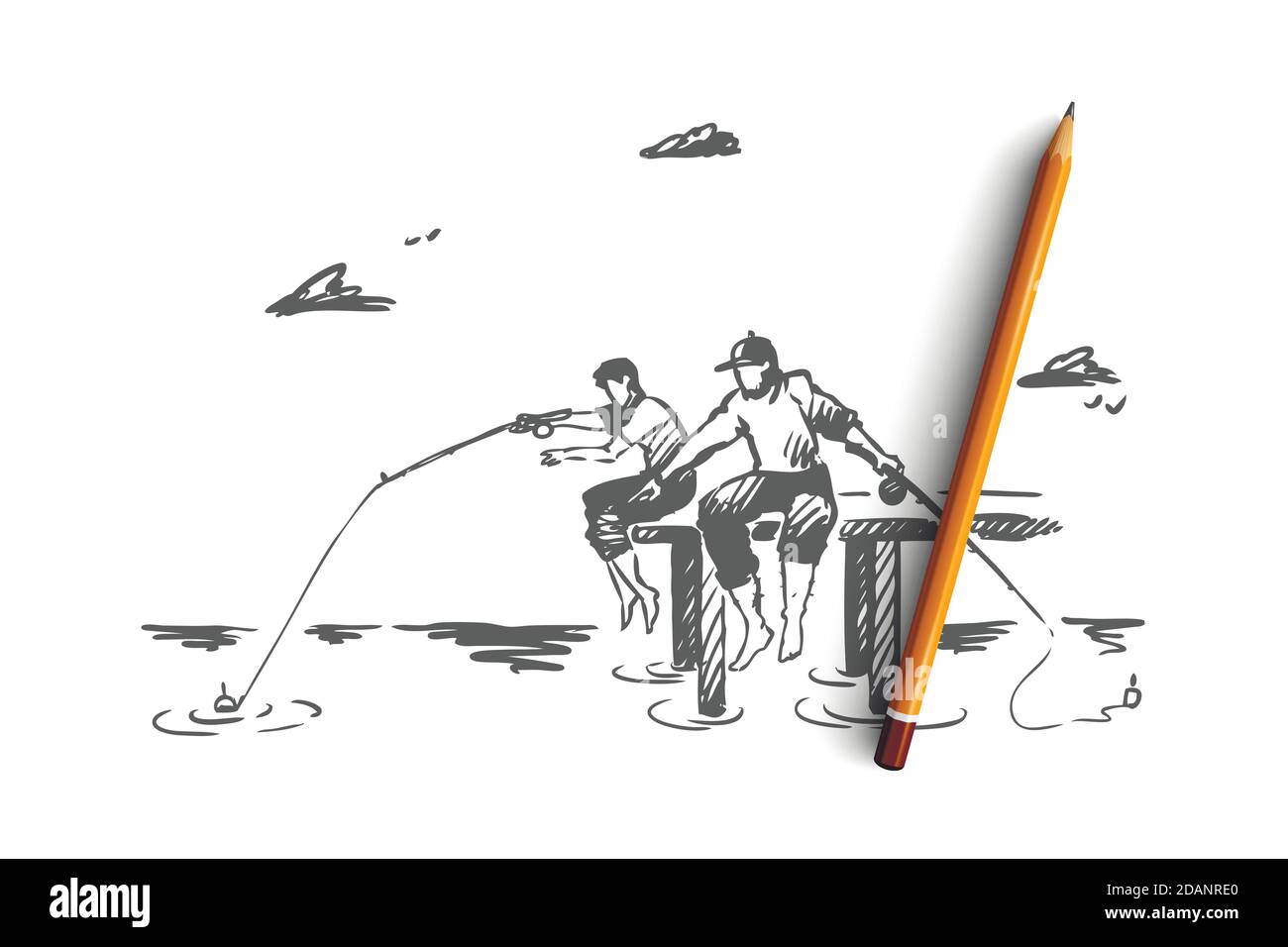 Fishing, friends, two, vacation concept. Hand drawn isolated vector ...