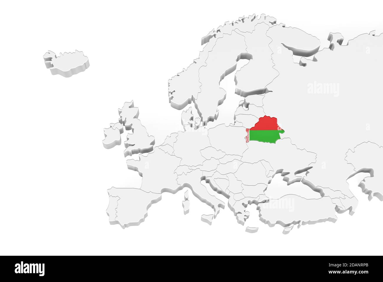 3D Europe map with marked borders - area of Belarus marked with Belarus ...
