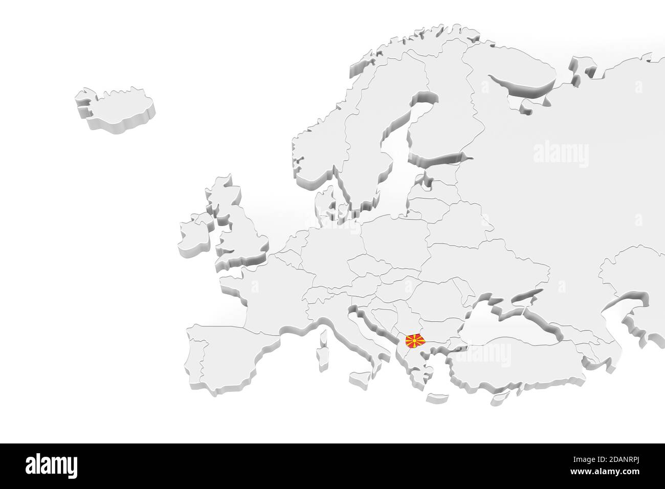3D Europe map with marked borders - area of Macedonia marked with ...