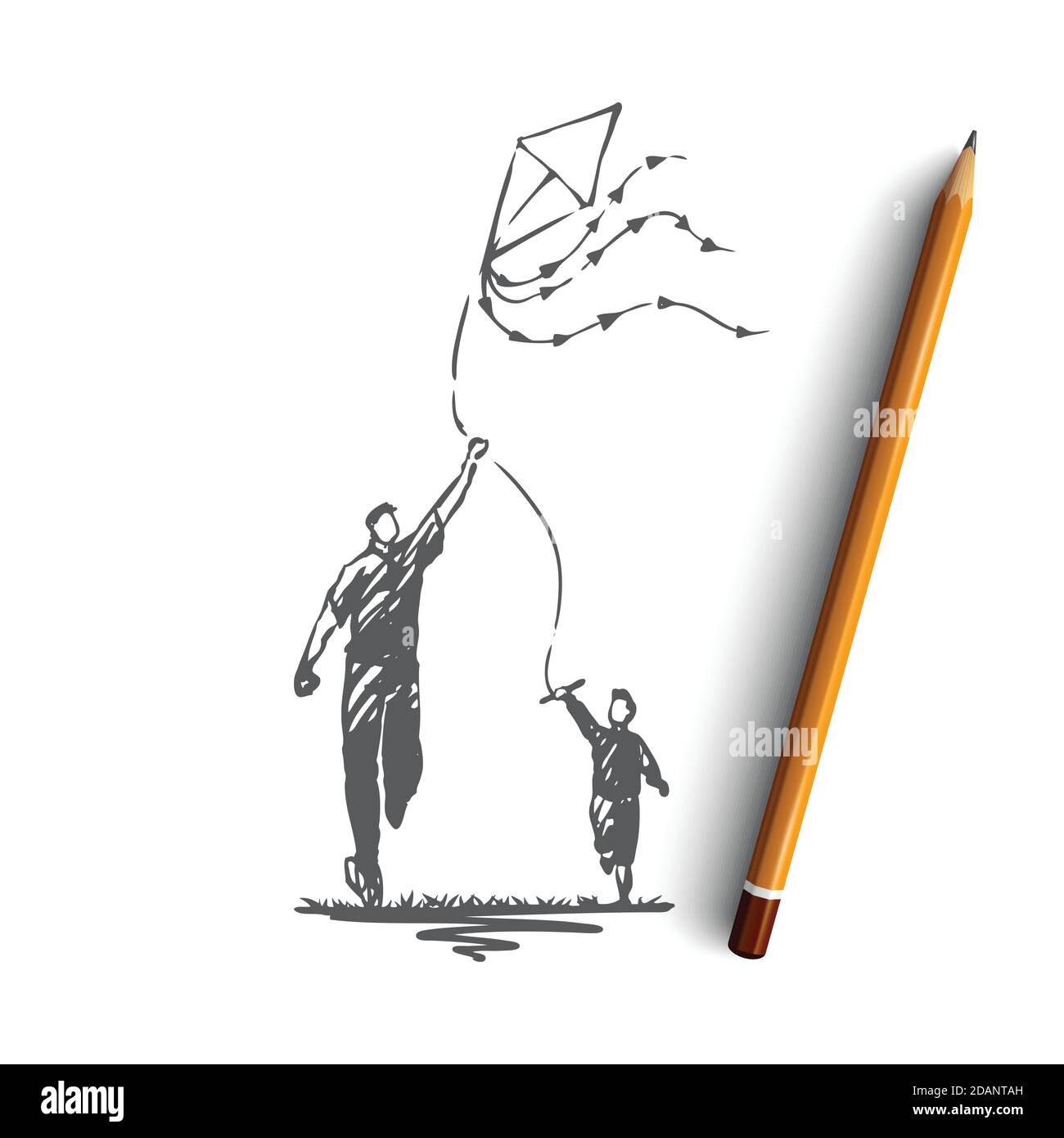 Kite, father, son, family, parenting concept. Hand drawn isolated ...