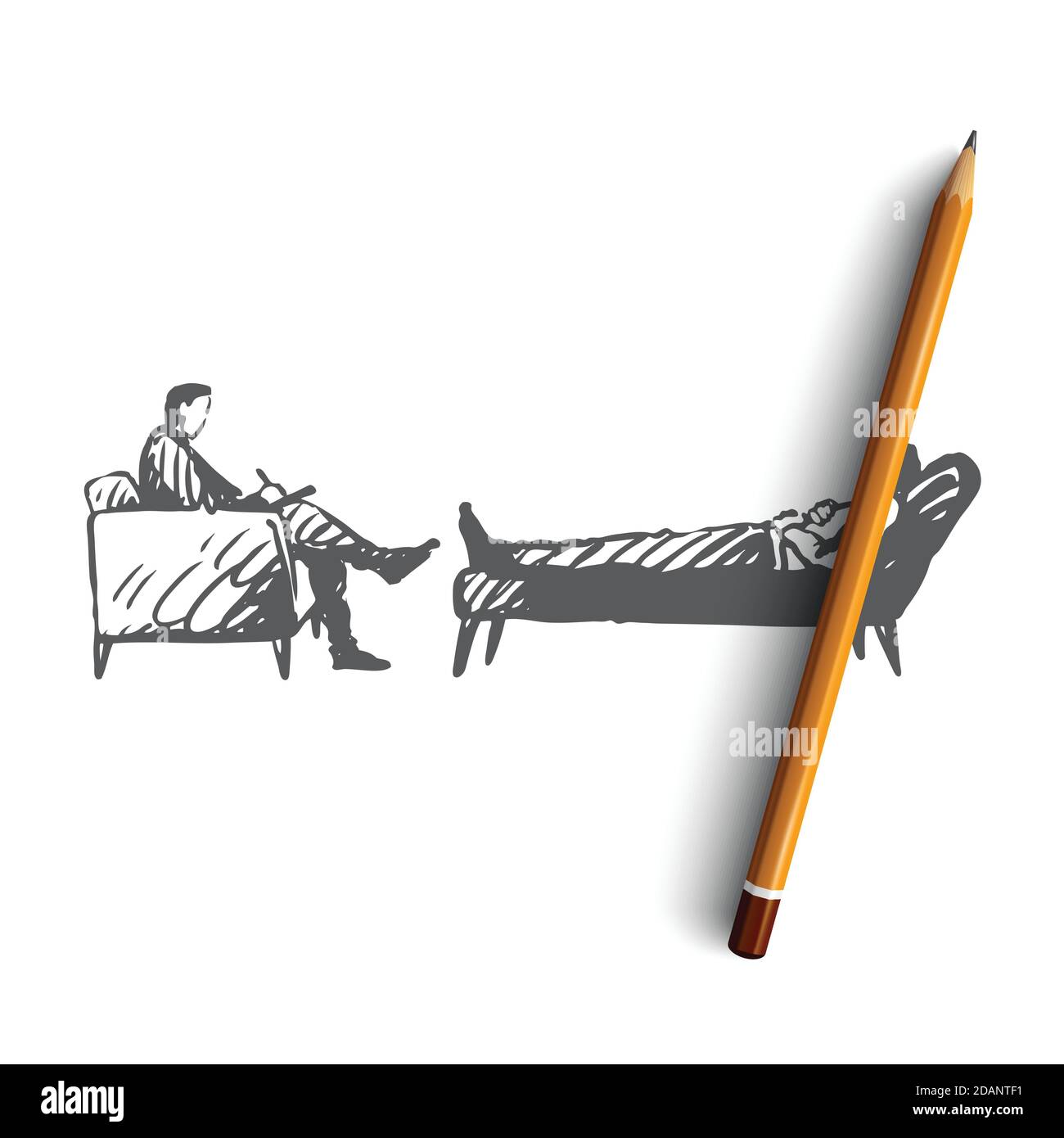 Person, psychologist, therapy, couch, stress concept. Hand drawn ...