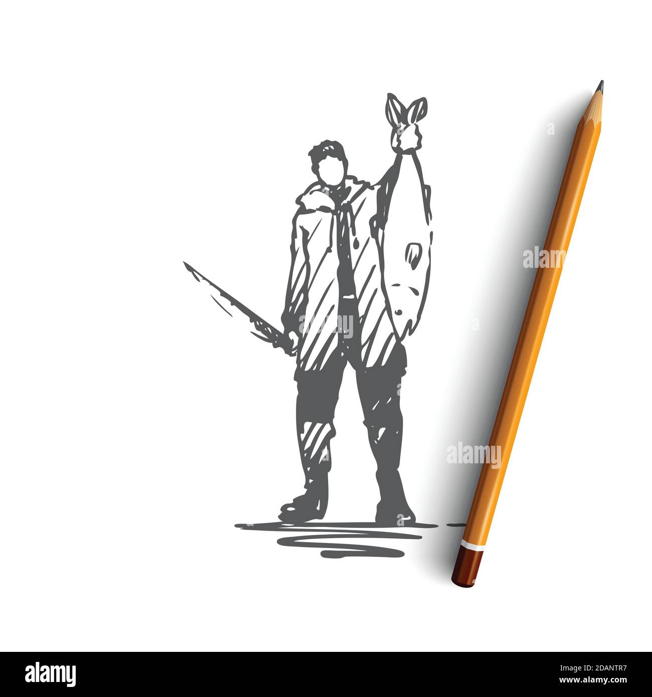Fisherman, big, fish, water, catch concept. Hand drawn isolated vector ...