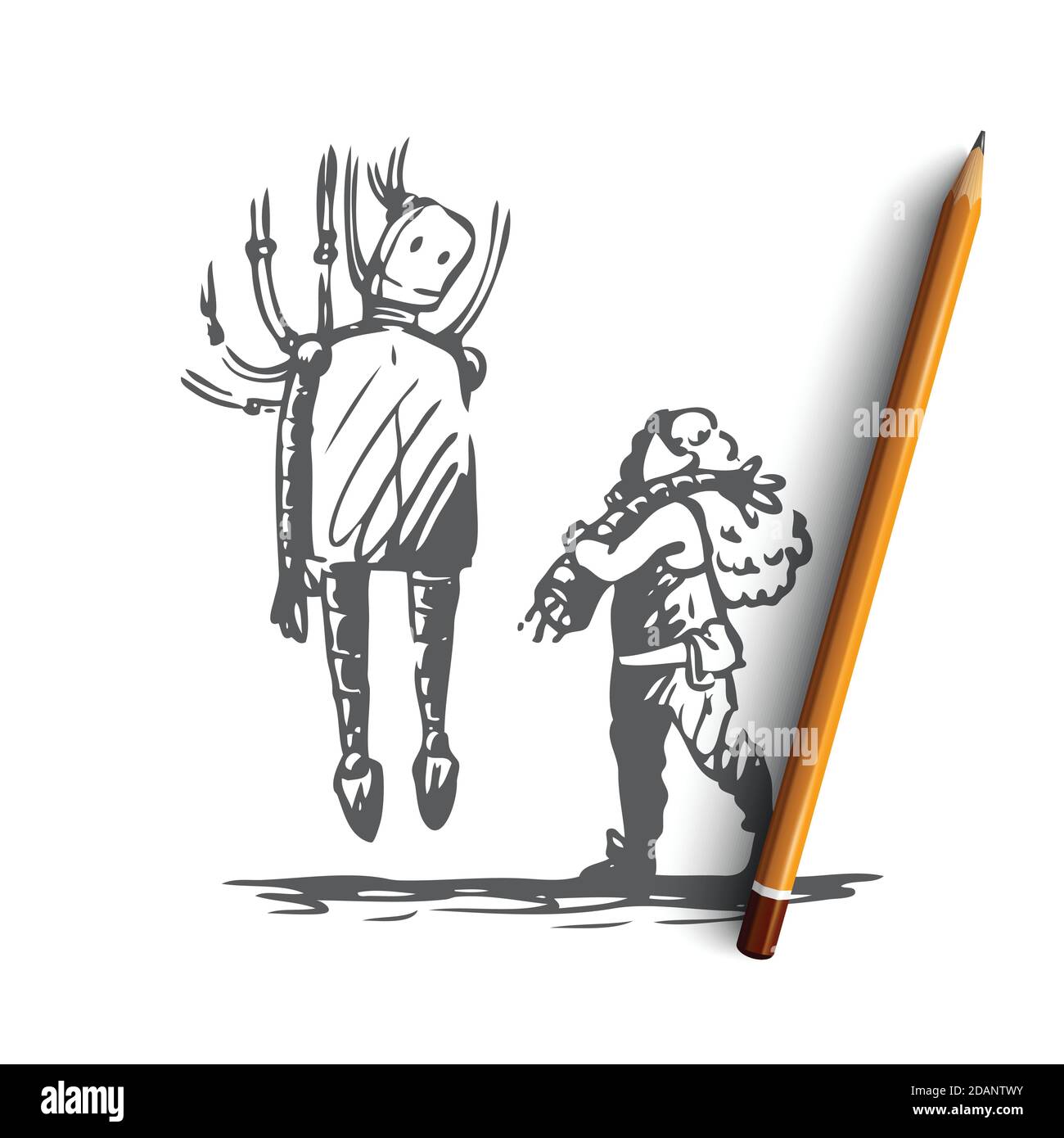 Robot, boy, repair, machine, modern concept. Hand drawn isolated vector ...